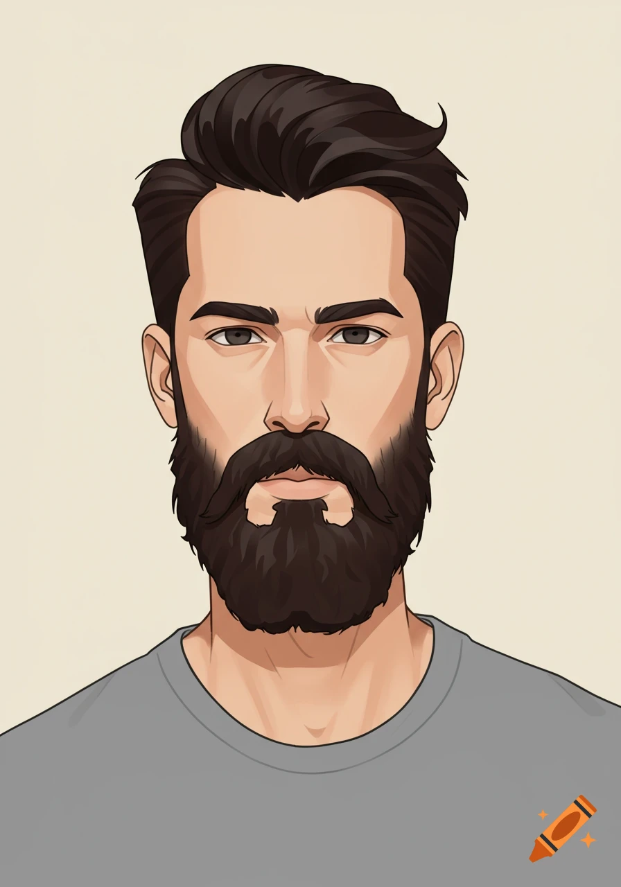 Cartoon portrait of a smiling man with black curly hair and a full ...