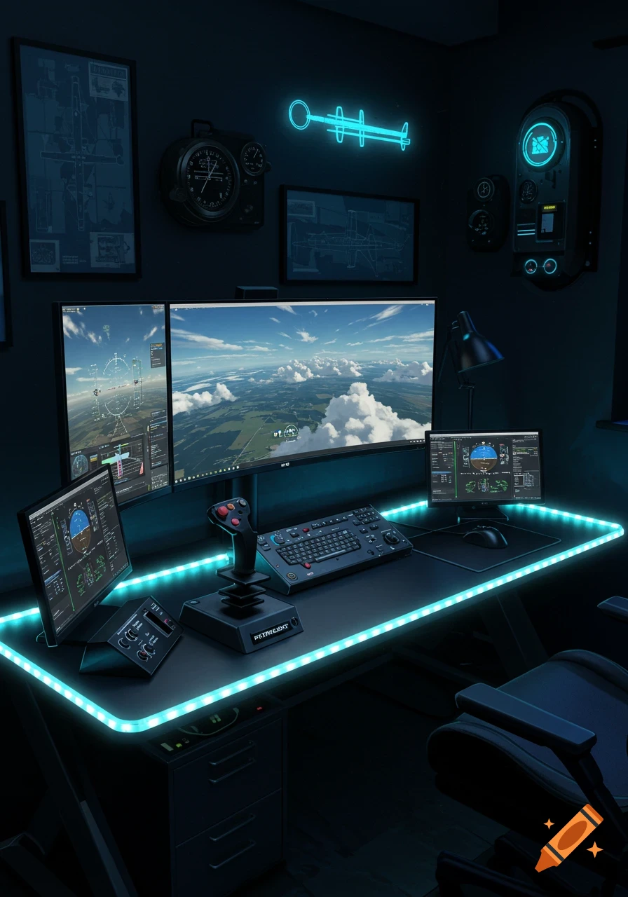 A dark room with a futuristic flight simulation desk setup, featuring ...