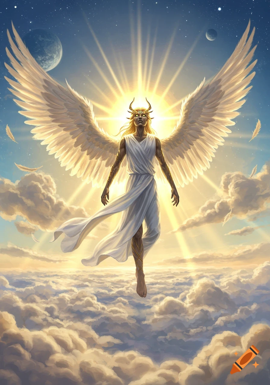 A powerful angel in ornate metallic armor with vast golden wings and a ...