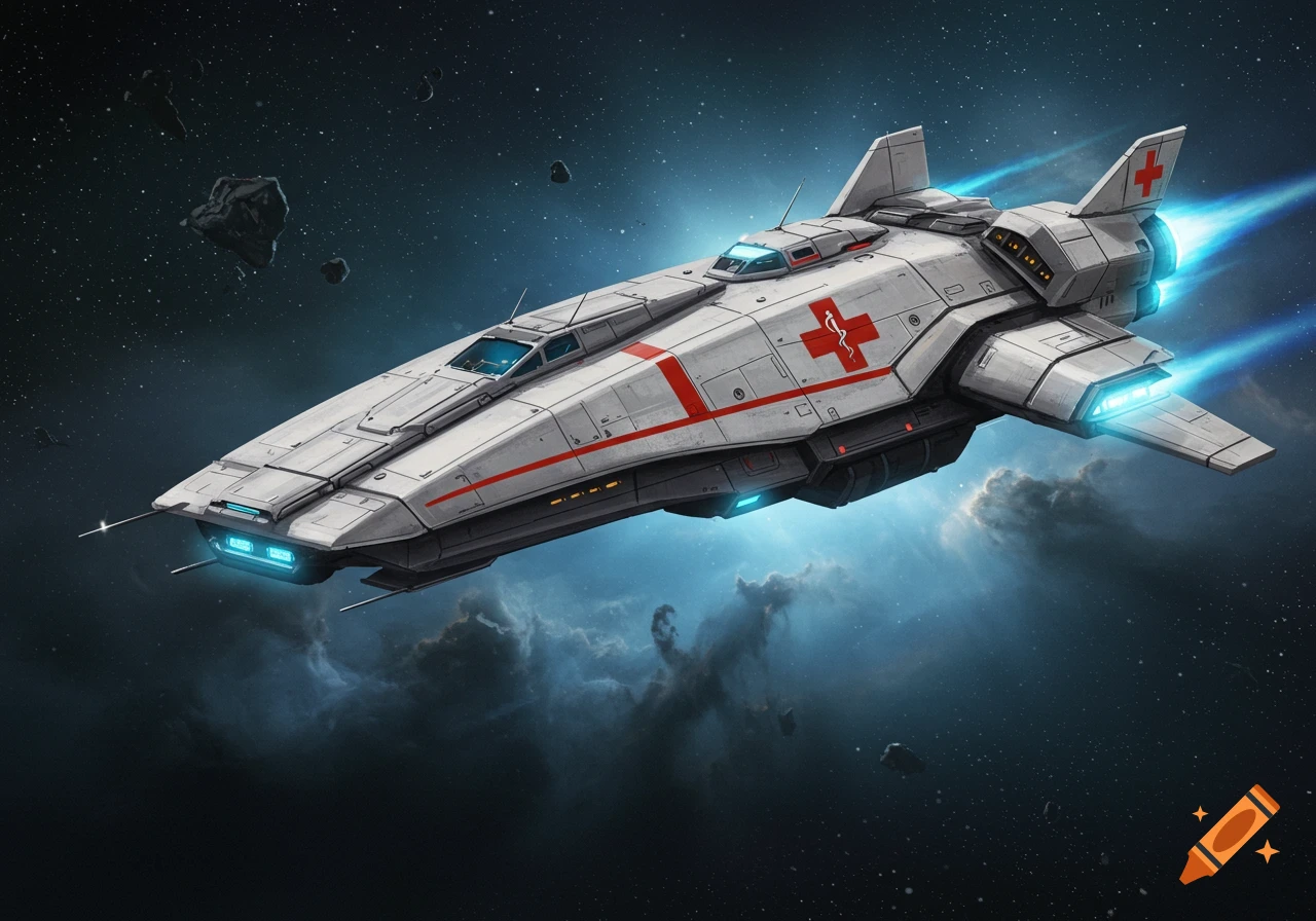 A sleek, futuristic grey space fighter ship flies above Earth's clouds ...