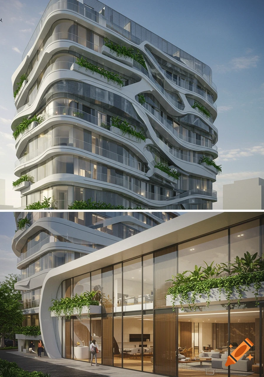 Photorealistic rendering of a bright, modern multi-story building ...