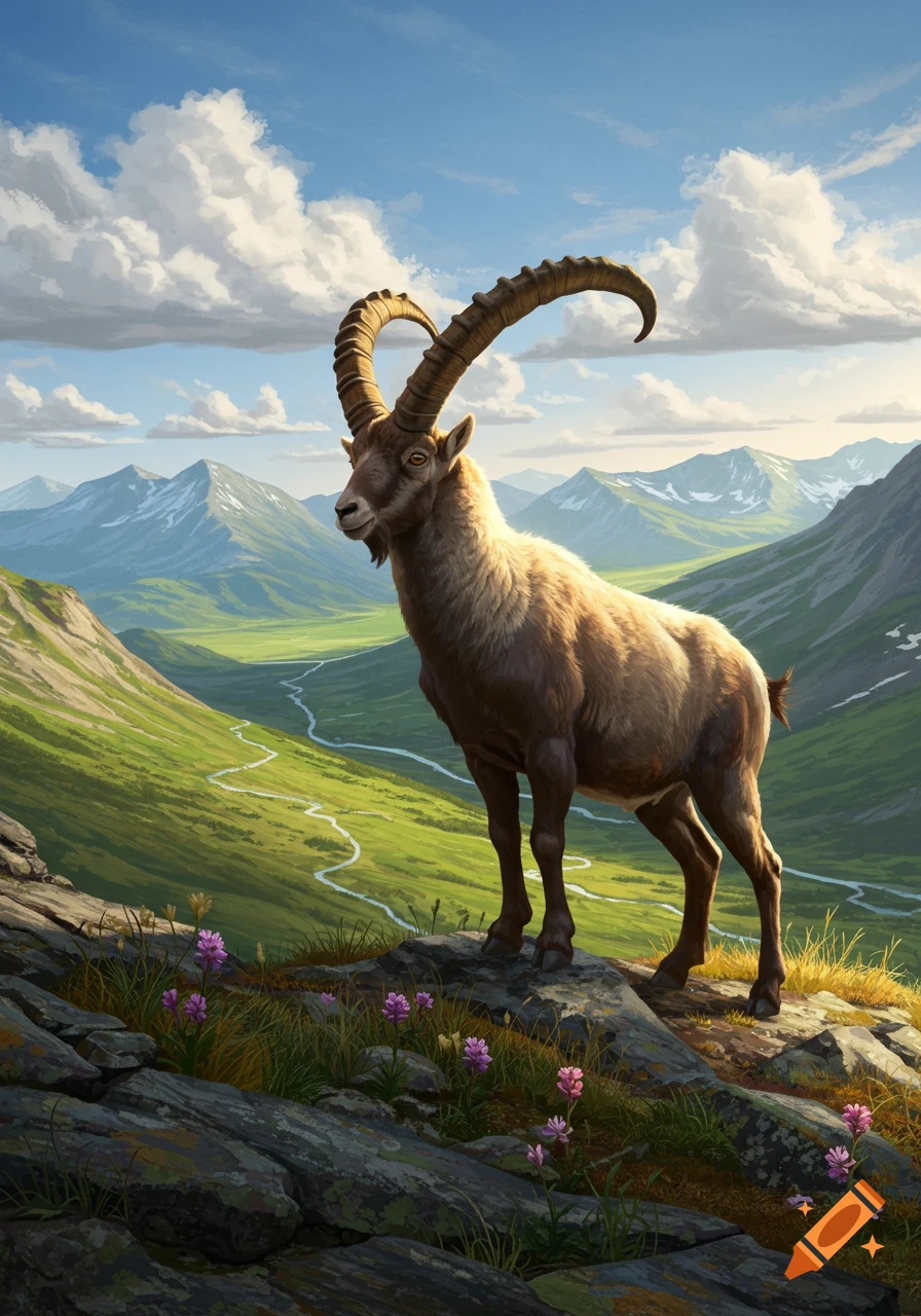 A cartoon goat in an orange and teal hoodie stands on rocks on a grassy ...