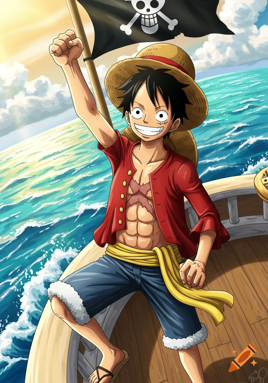 Anime pirate character with an open blue jacket and hat, running on ...