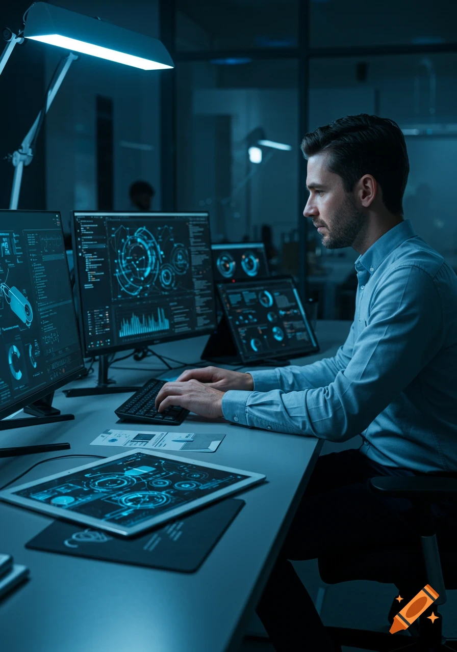 A male journalist in glasses types on a computer in a dimly lit office ...