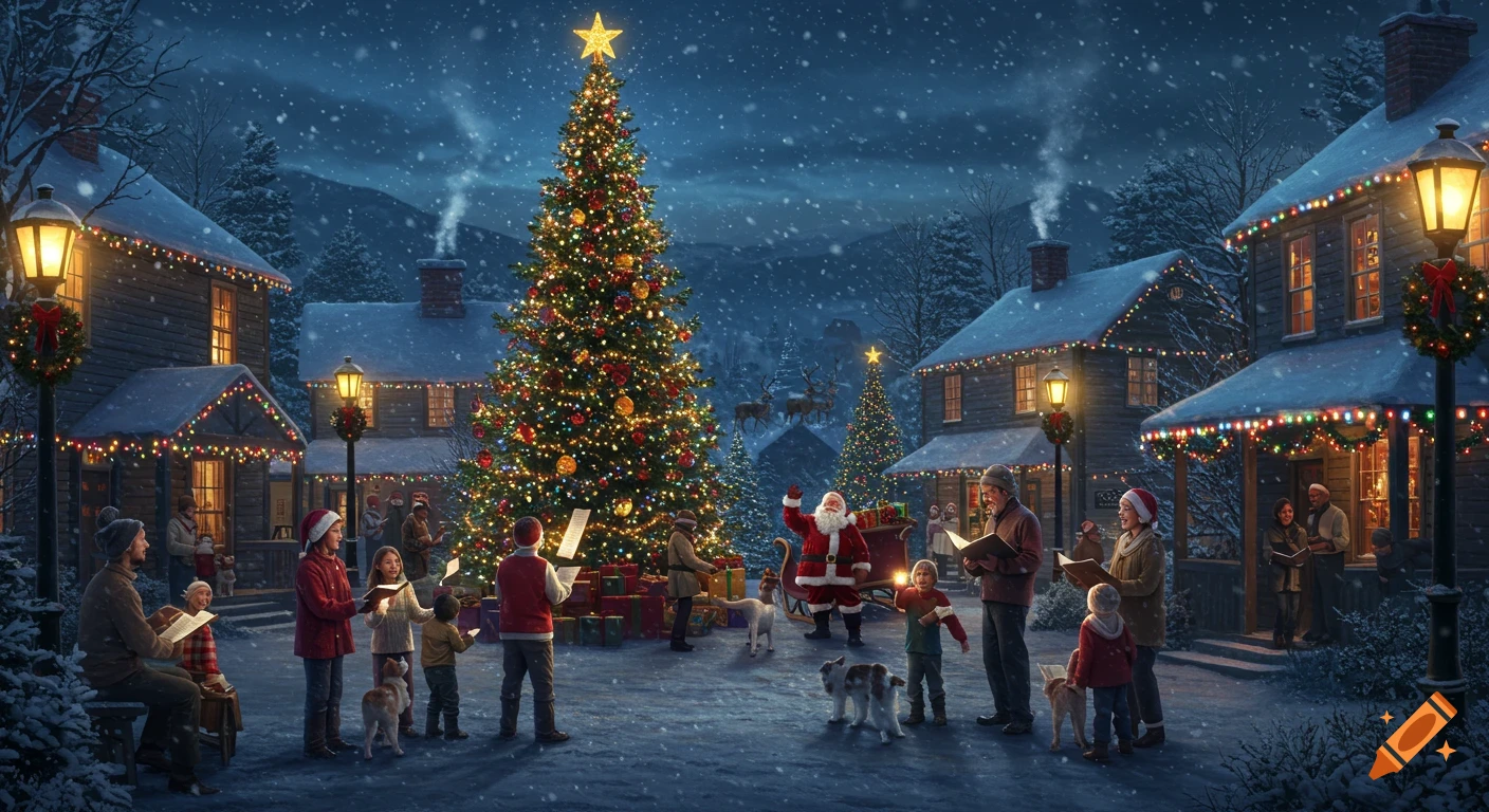 A cute Christmas elf in red and green clothes stands on a step stool ...