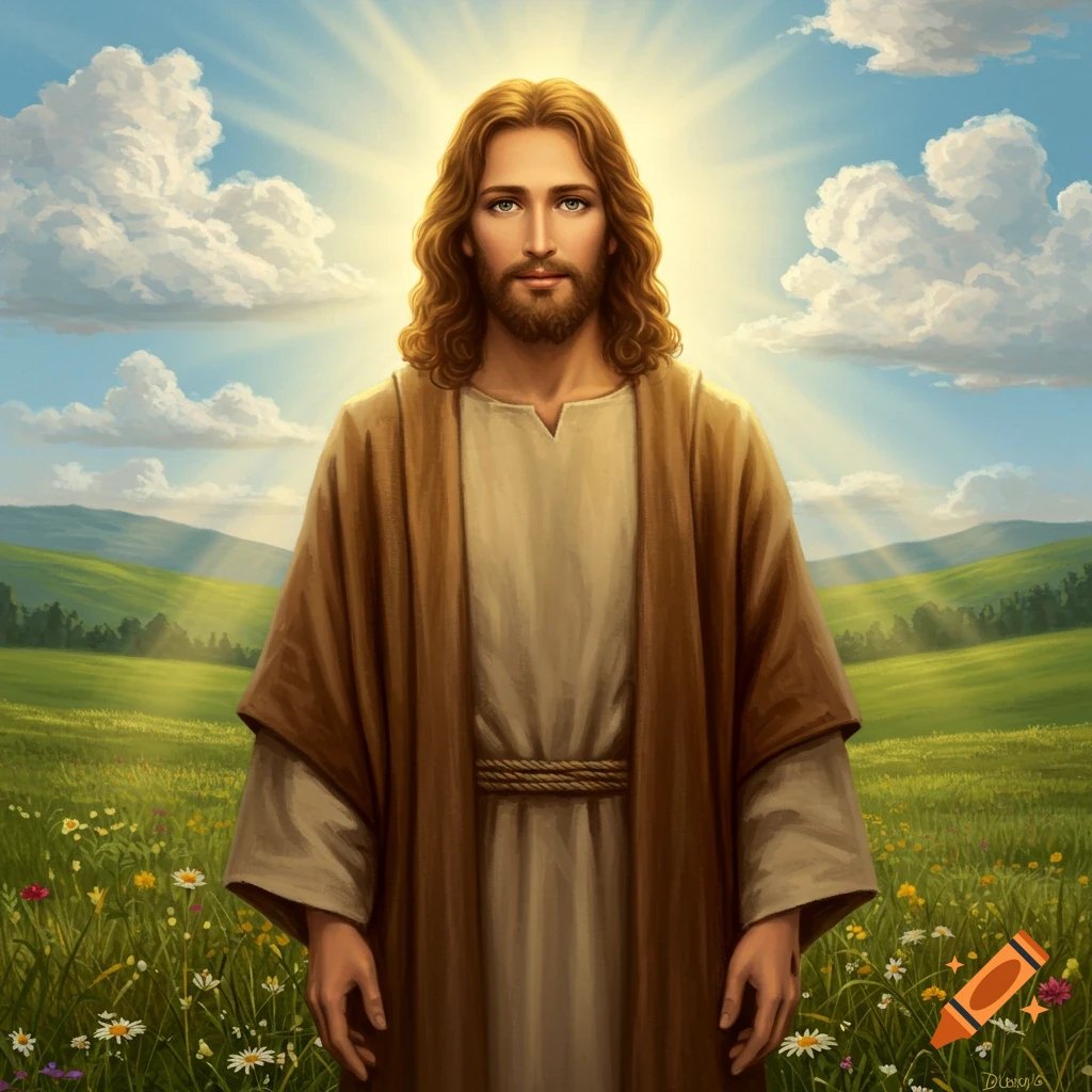 Jesus Christ with long brown hair and beard, wearing a white tunic and ...