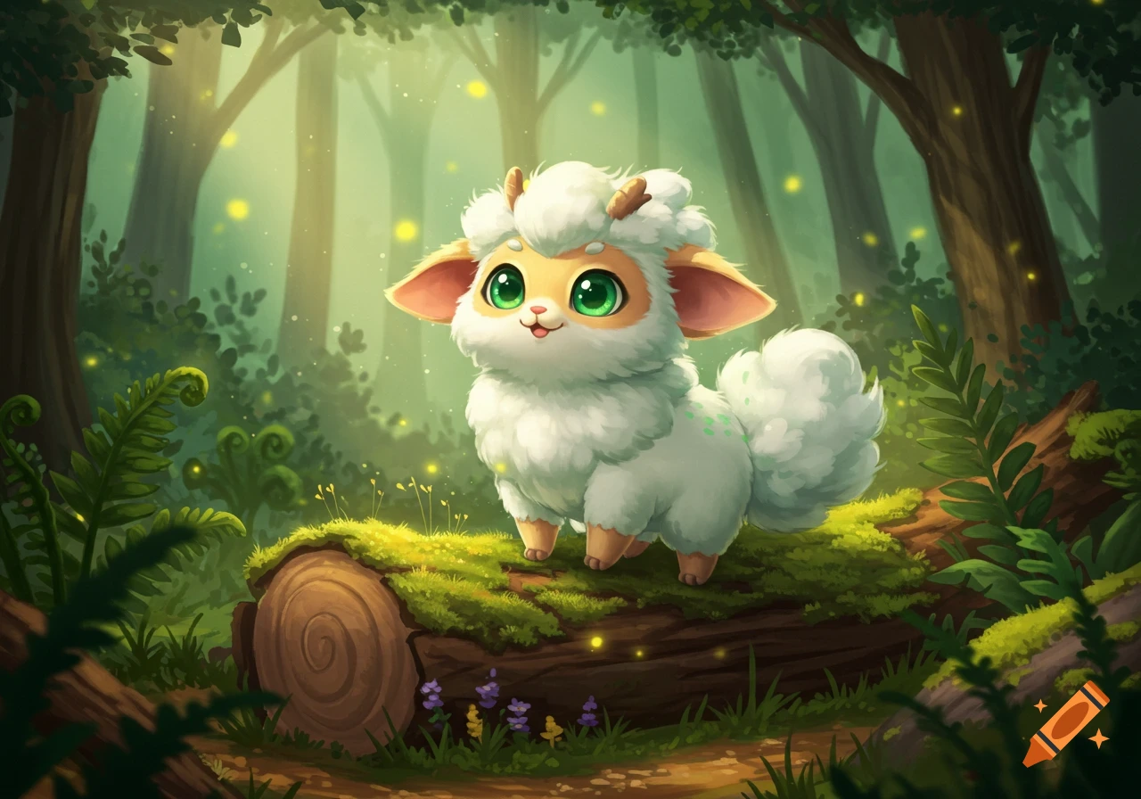 A cute, white, fluffy creature with large peachy eyes and decorative ...