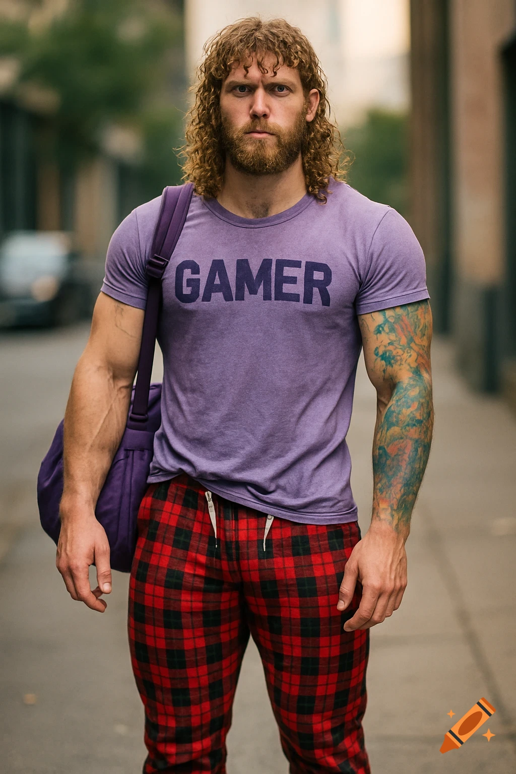 Muscular man with curly hair, beard, 'GAMER' t-shirt, red plaid pants ...