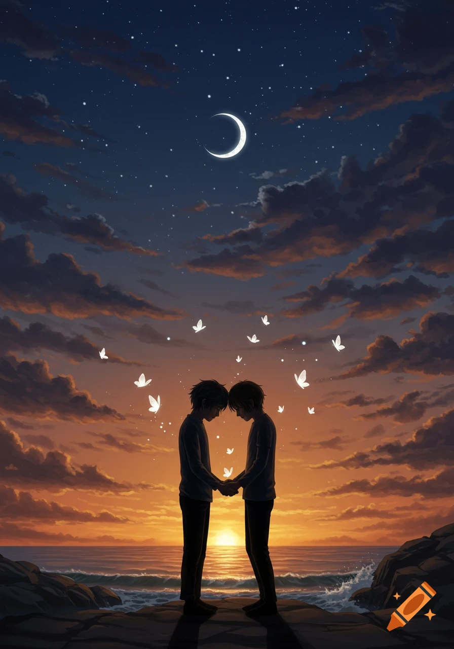 Two anime-style men, one blonde and one with dark curly hair, hold ...