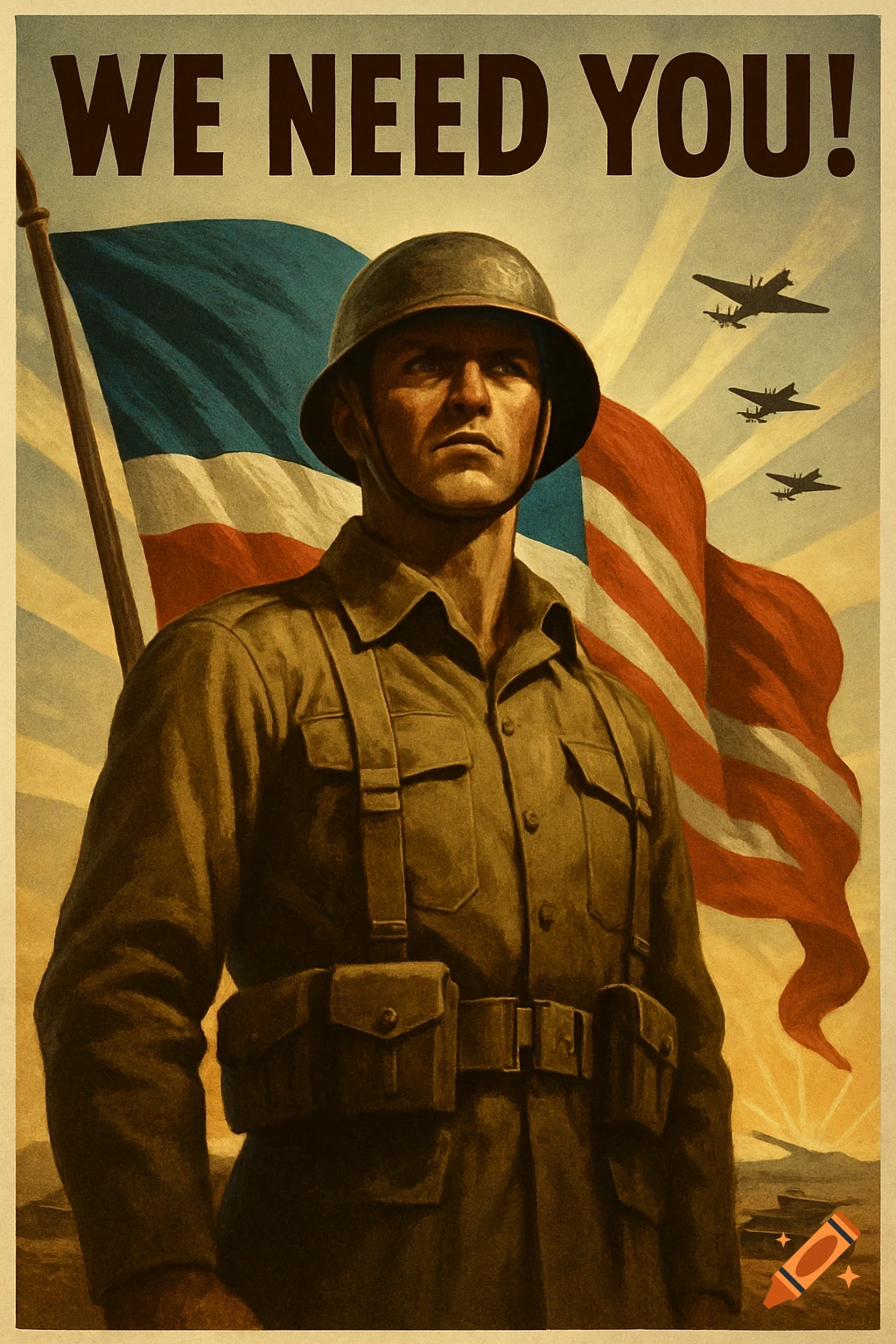 Vintage propaganda poster of a solemn soldier in uniform before an ...