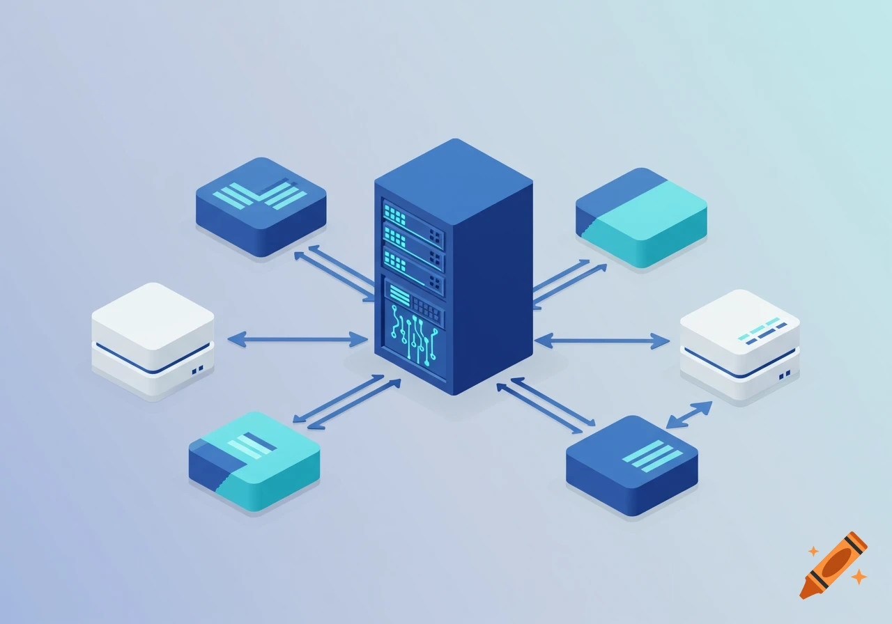 Isometric 2D flat vector illustration of a central server connected to ...