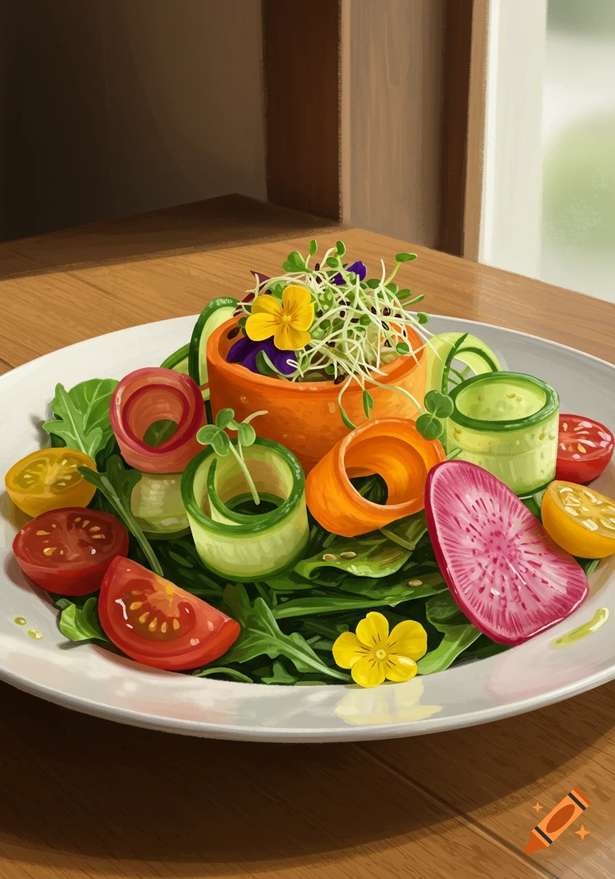 A vibrant, photorealistic salad on a black plate with radicchio ...