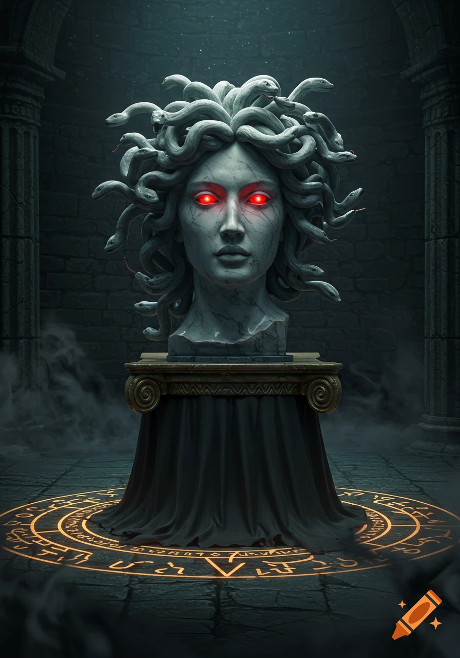 A monstrous old woman with scaly skin, red devil eyes, and snakes for ...