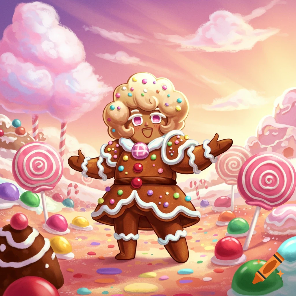 A cartoon character in a chef's outfit stands in a vibrant candy land ...