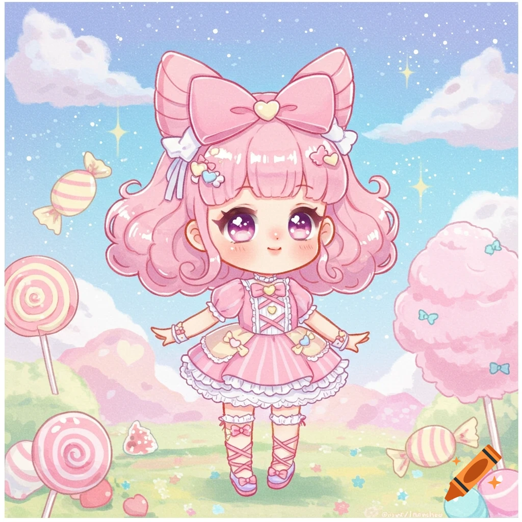 A cute anime girl with long pink hair and a ruffled pink dress stands ...