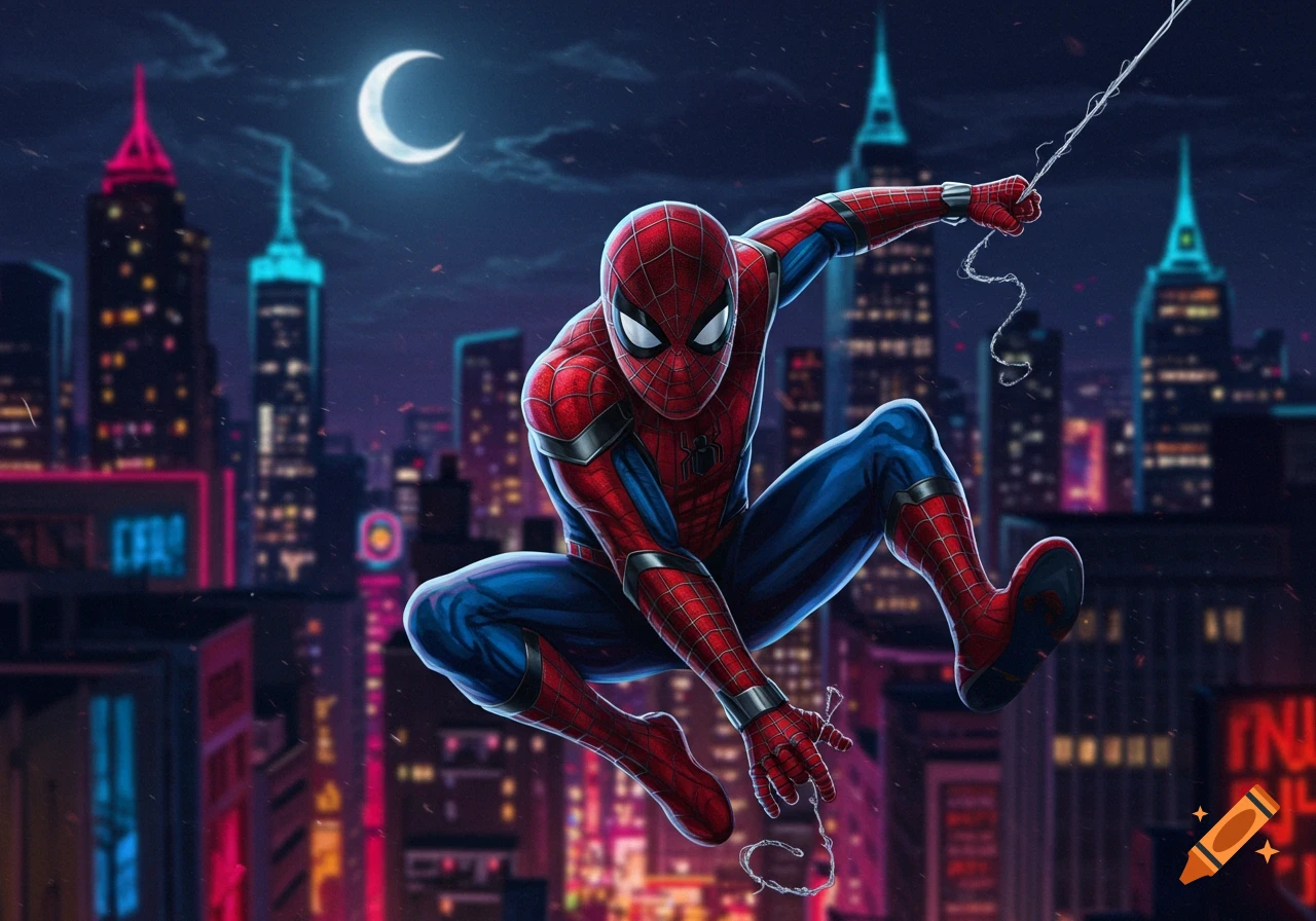 Spider-Man swings through a rainy, neon-lit city at night in a detailed ...