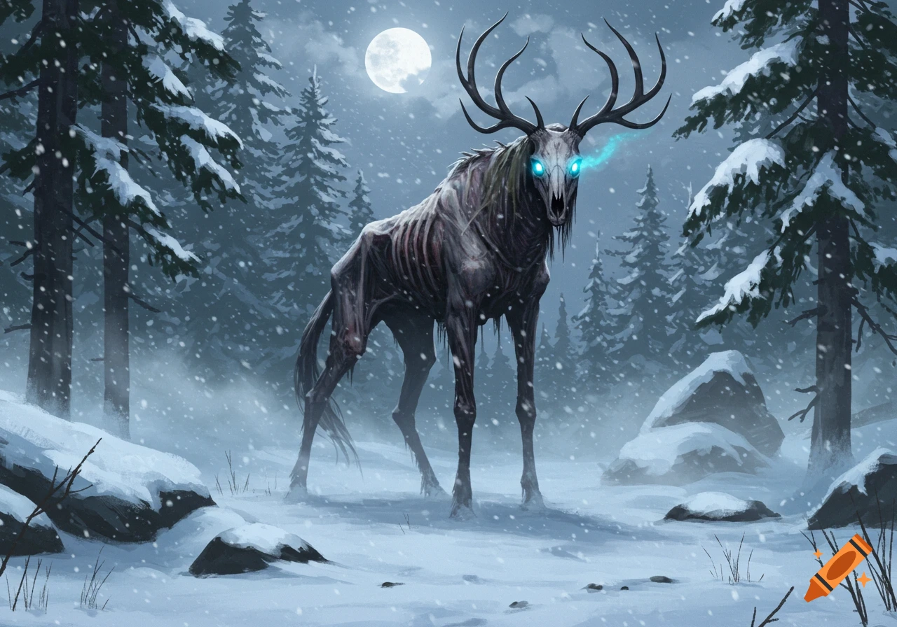 A reindeer with glowing string lights on its antlers stands in a snowy ...