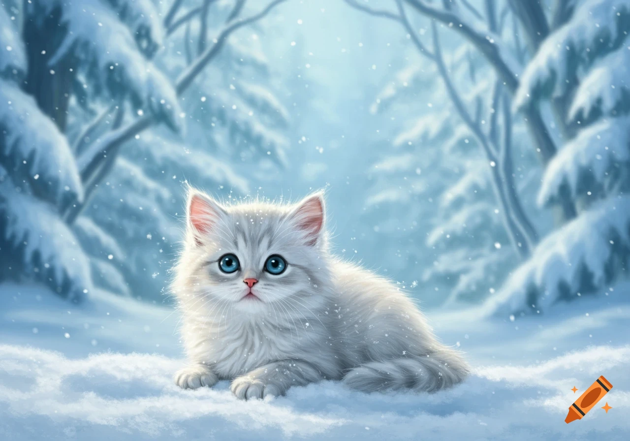 A fluffy calico cat with bright green eyes runs through deep snow in a ...