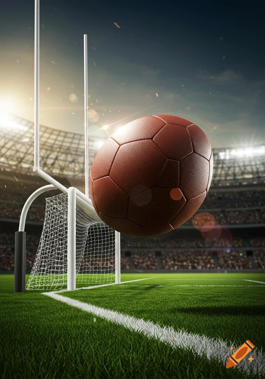 Realistic football stadium at night with a pitch split by blue and red ...