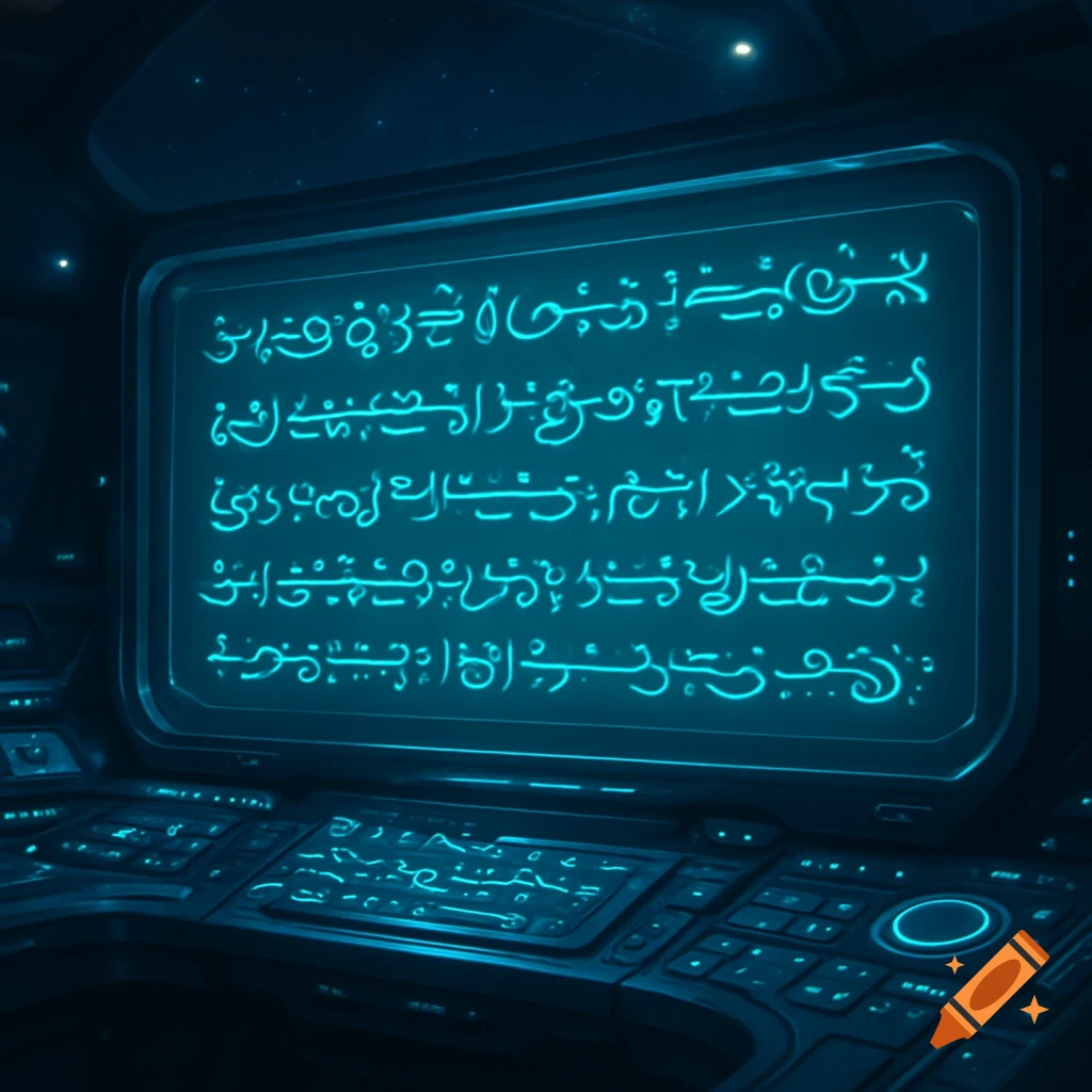 A spaceship computer screen displays glowing blue alien characters on a ...