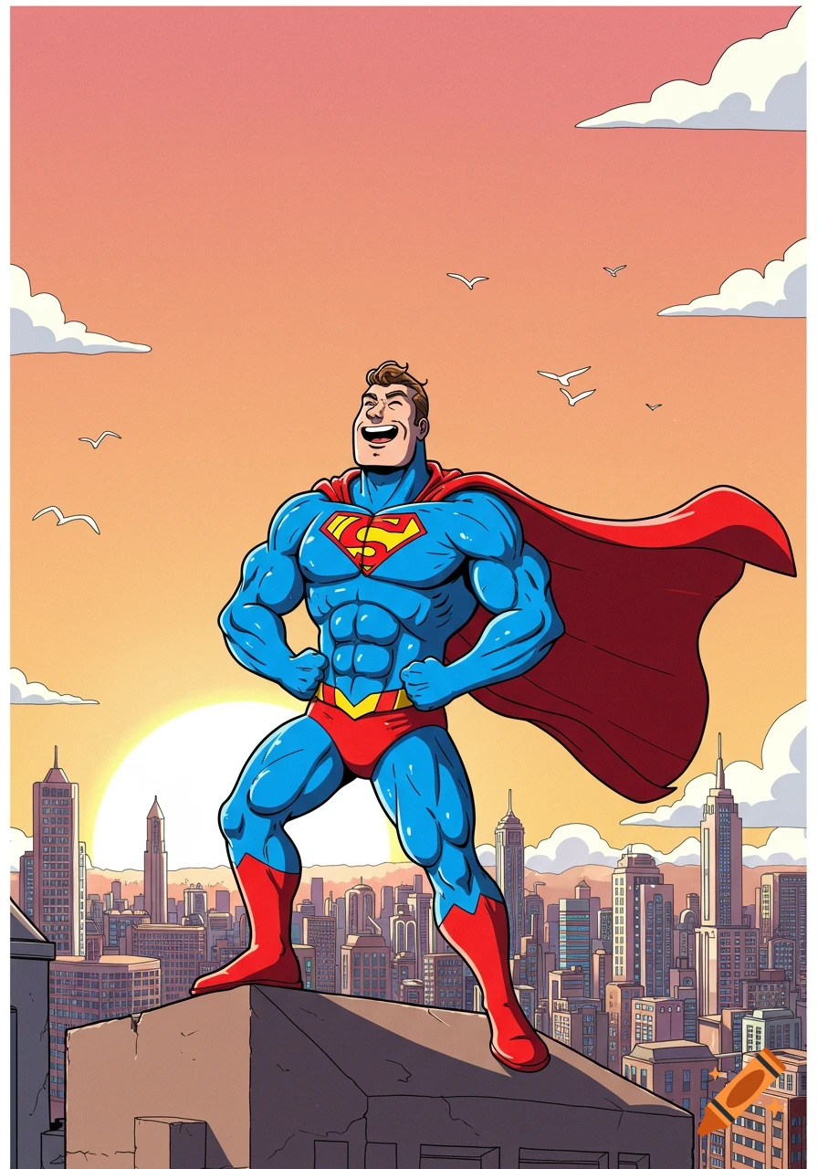 Cartoon man with beard and glasses flying as Superman over a city ...