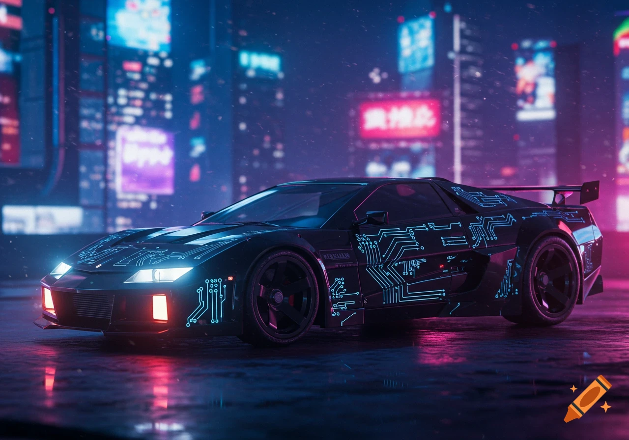 A cyberpunk robot stands next to a futuristic Lamborghini in a neon-lit ...