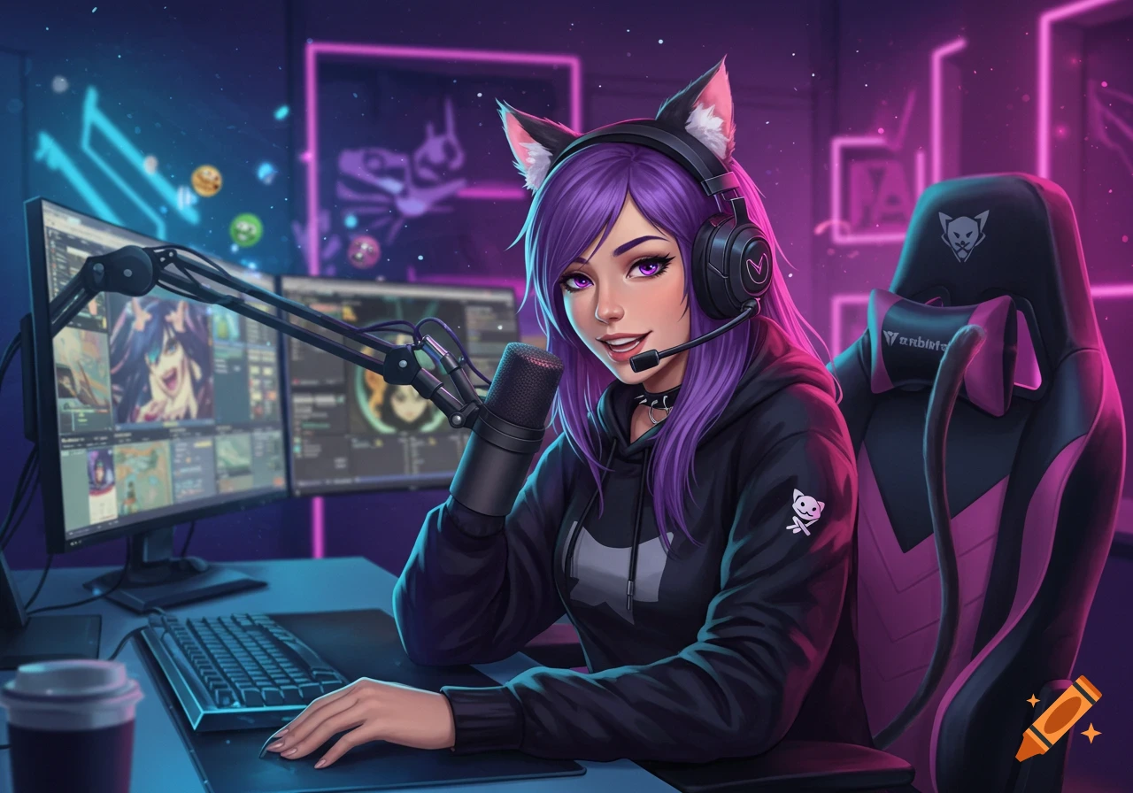 An anime girl with purple hair, cat ears, and a headset streams from ...