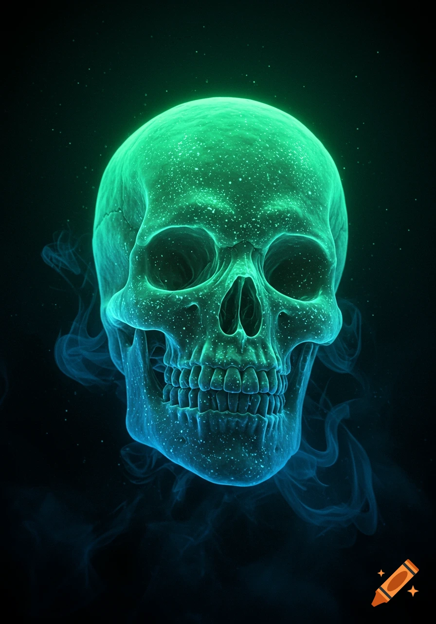 A stylized cartoon skull with glowing green eyes and green gas ...
