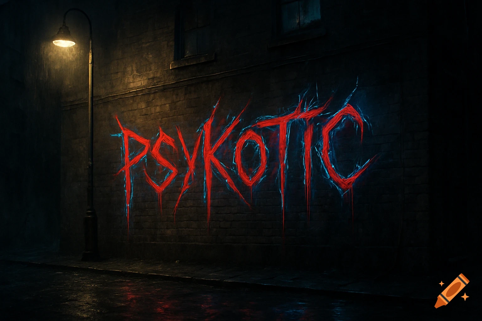 Blue neon sign spelling HALLO hanging above a wet, reflective city street at night, with bokeh ...