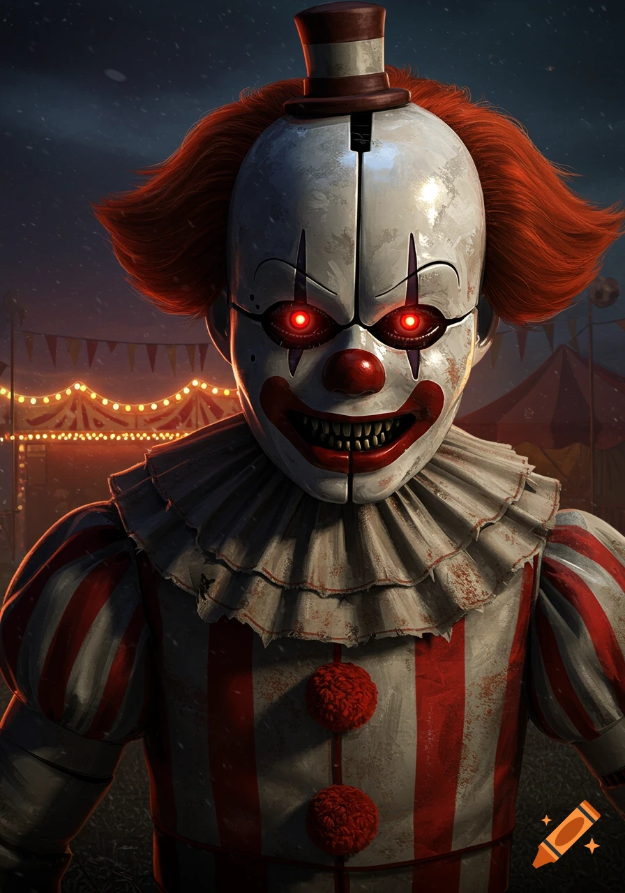 A creepy robot clown with red hair, glowing red eyes, sharp teeth, and ...