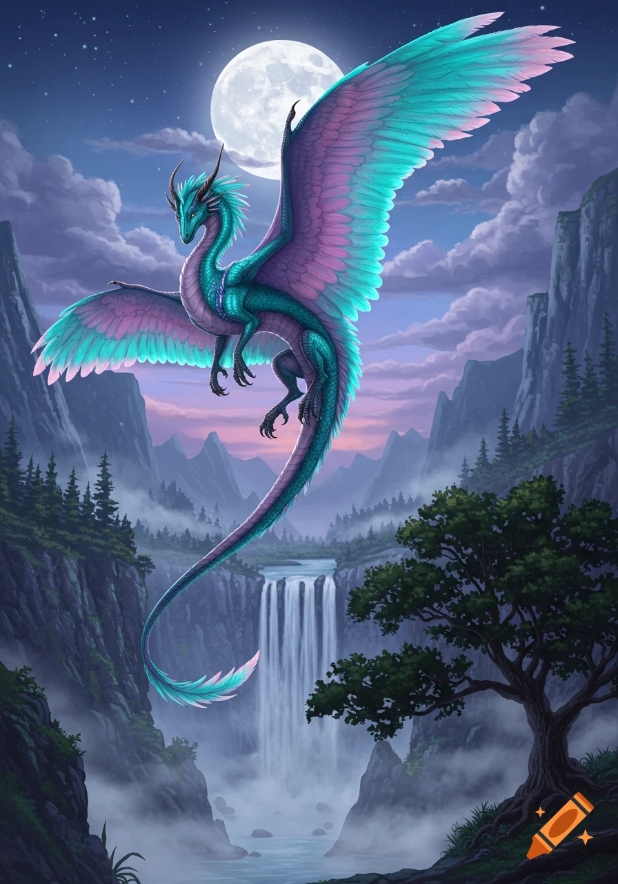 A majestic green and gold dragon wearing a straw hat perches on a rocky ...