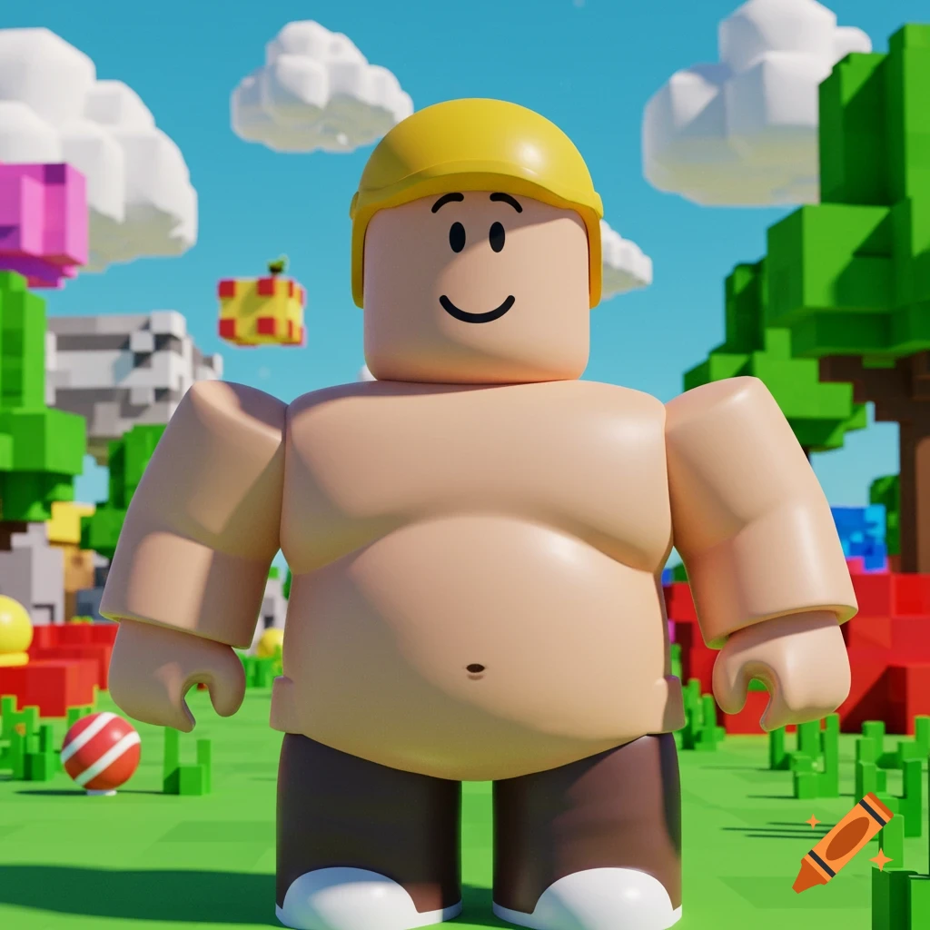 A shirtless, fat Roblox character with a yellow helmet and brown shorts ...