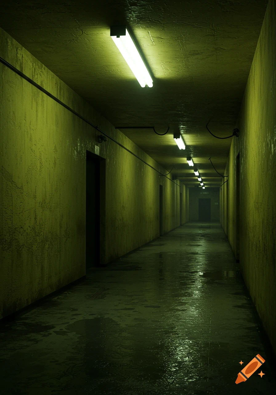 A long, empty corridor with walls, floor, and ceiling covered in bright ...