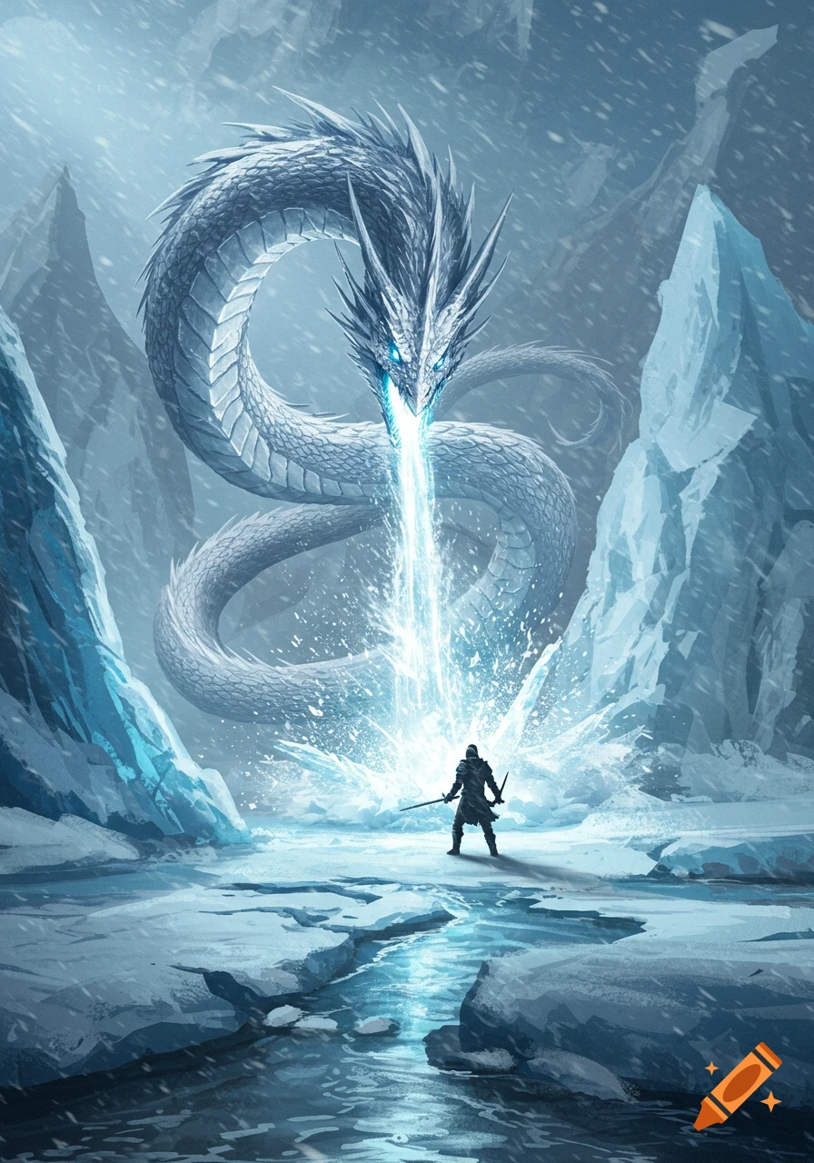 A stylized icy monster with sharp teeth and long claws, made of ...