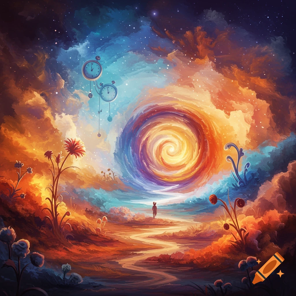 Four ornate windows display colorful fantasy scenes: a lavender field ...