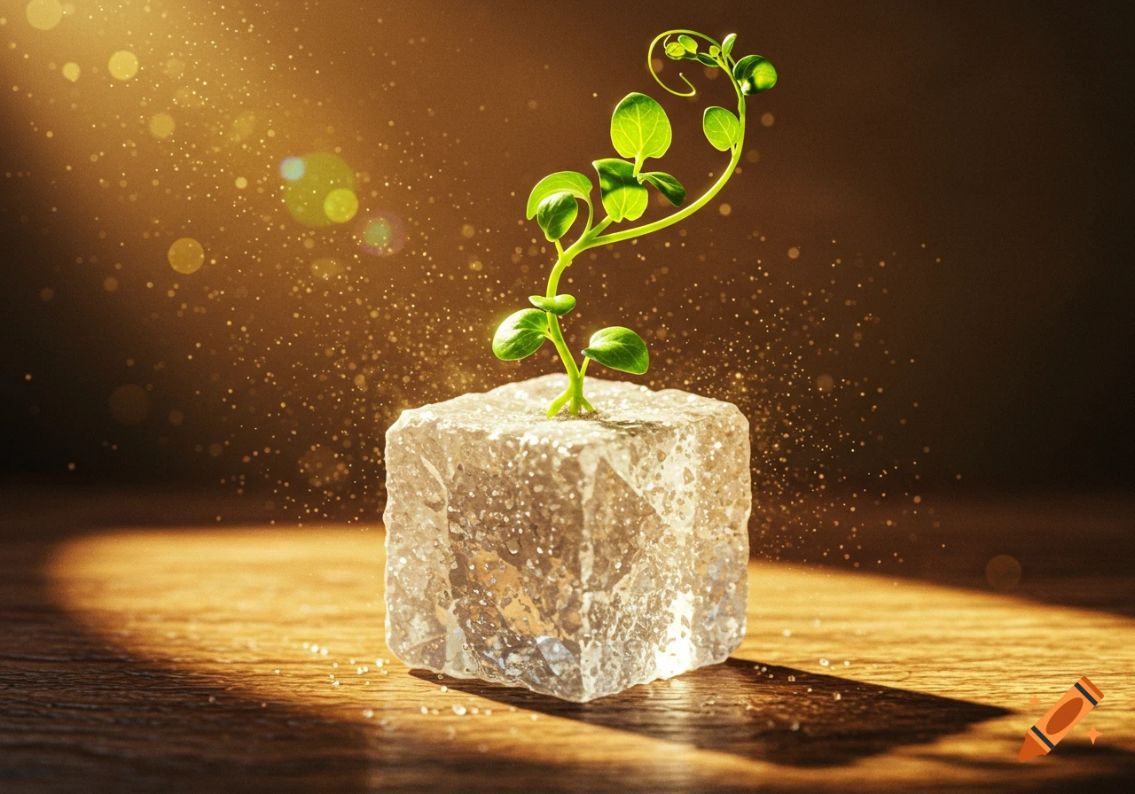 Vibrant green plant sprout with two leaves emerging from soil, bathed ...