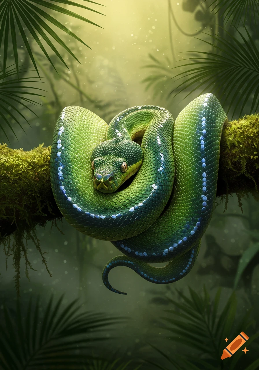 Muscular man with a python's head and scales around his shoulders ...