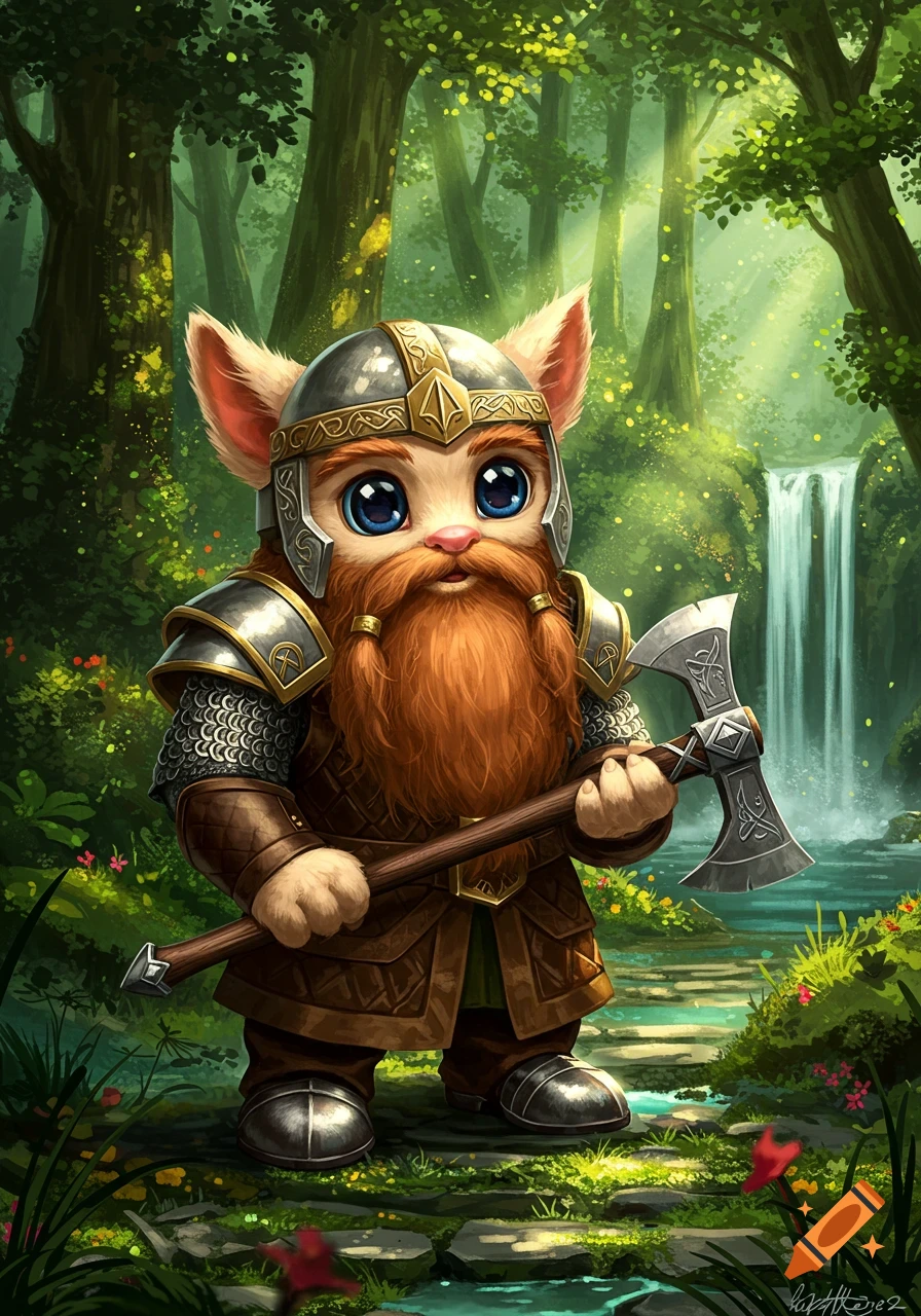 A cute, furry creature with a red beard, wearing dwarf armor and helmet ...