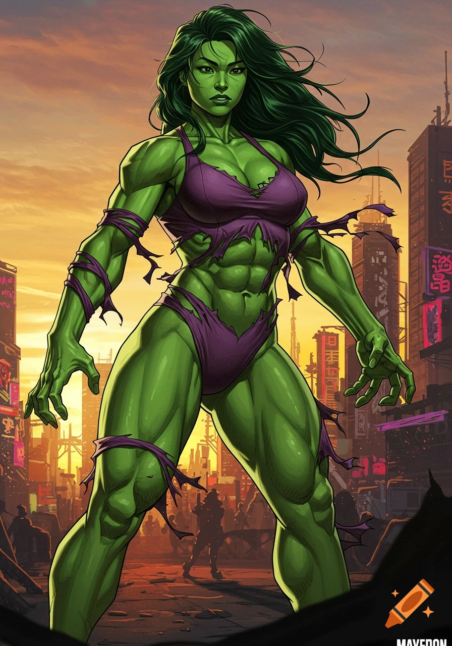 Powerful green She-Hulk stands on a cliff overlooking a city skyline ...
