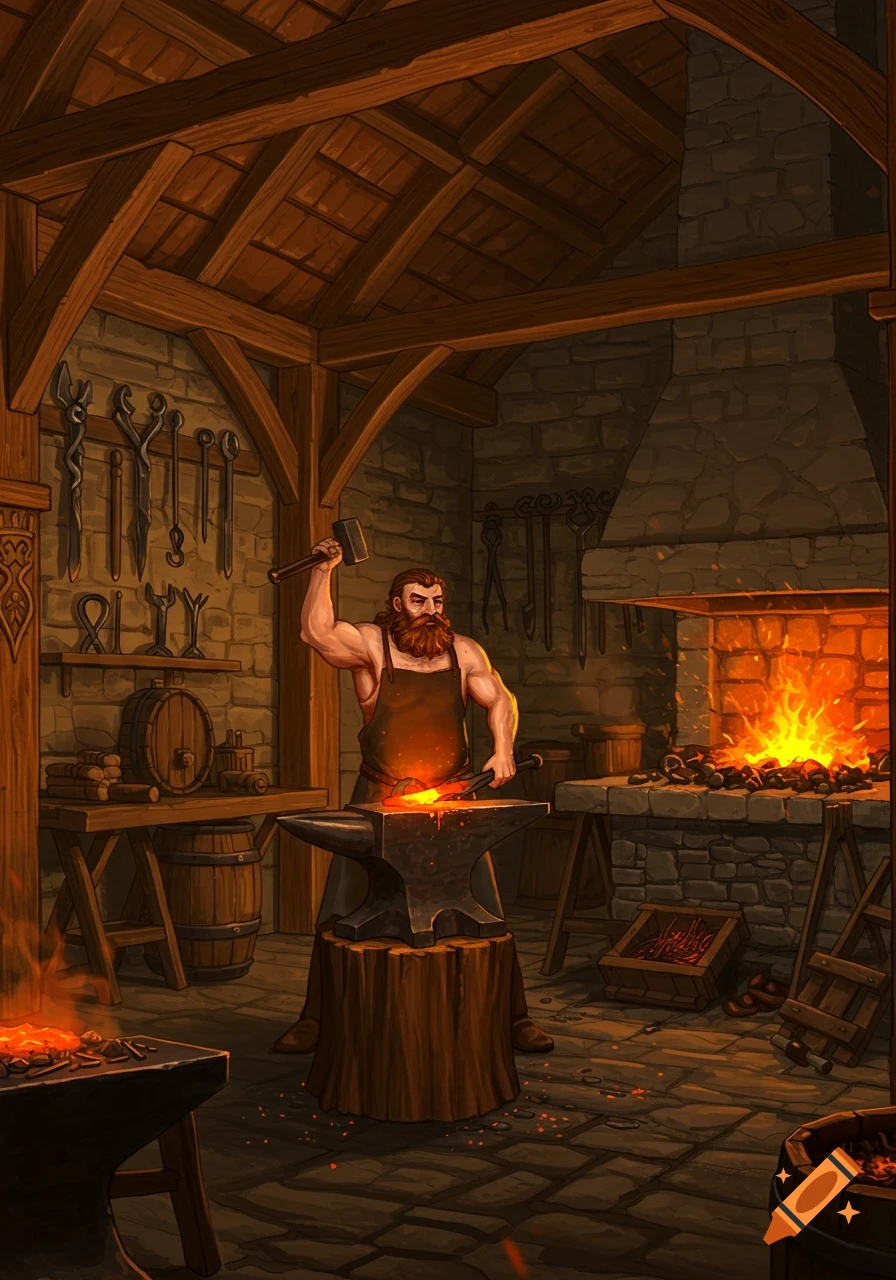 Muscular medieval blacksmith hammering a hot sword on an anvil in a dimly lit forge with a fiery ...