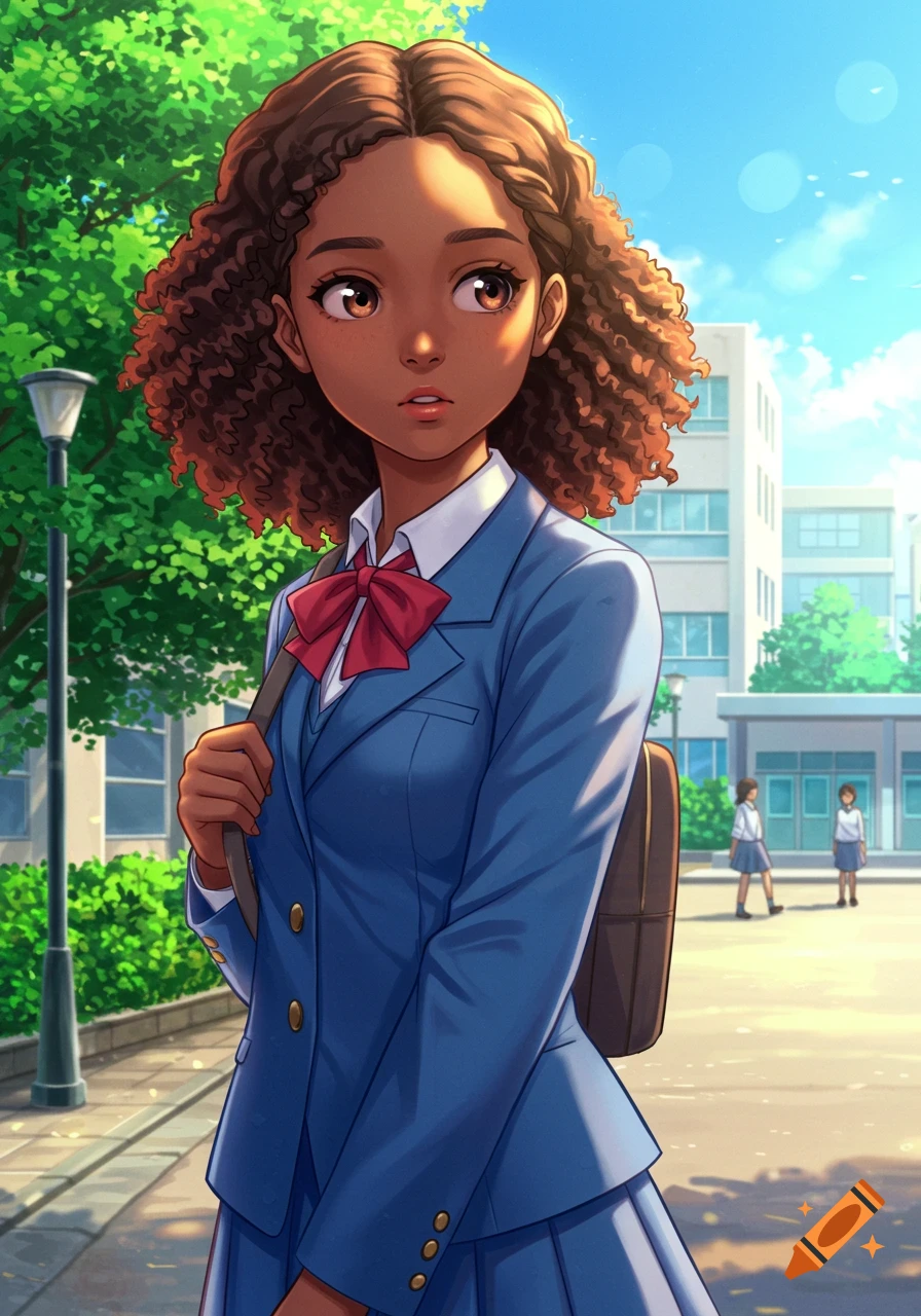 An African American anime girl in a blue school uniform and red bow ...
