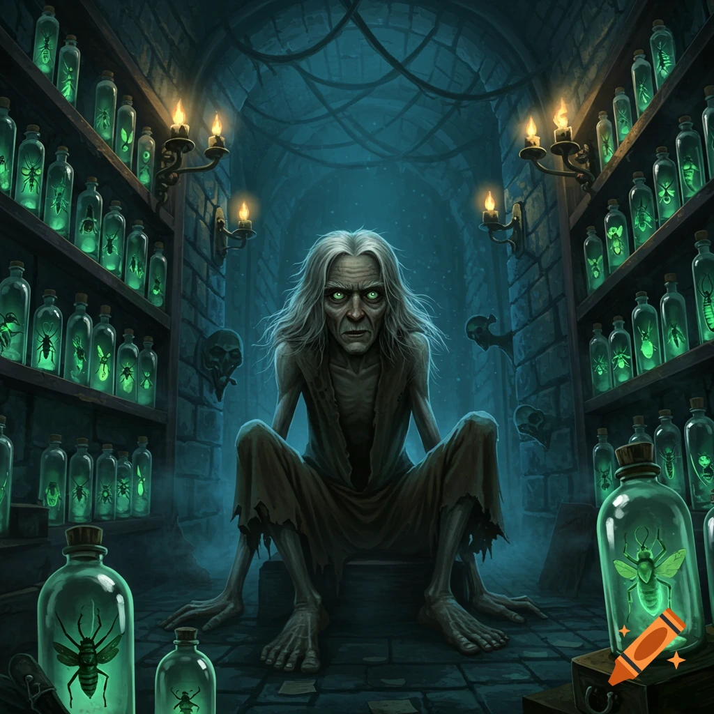 A creepy, disheveled old man crouches in a dark dungeon, surrounded by ...