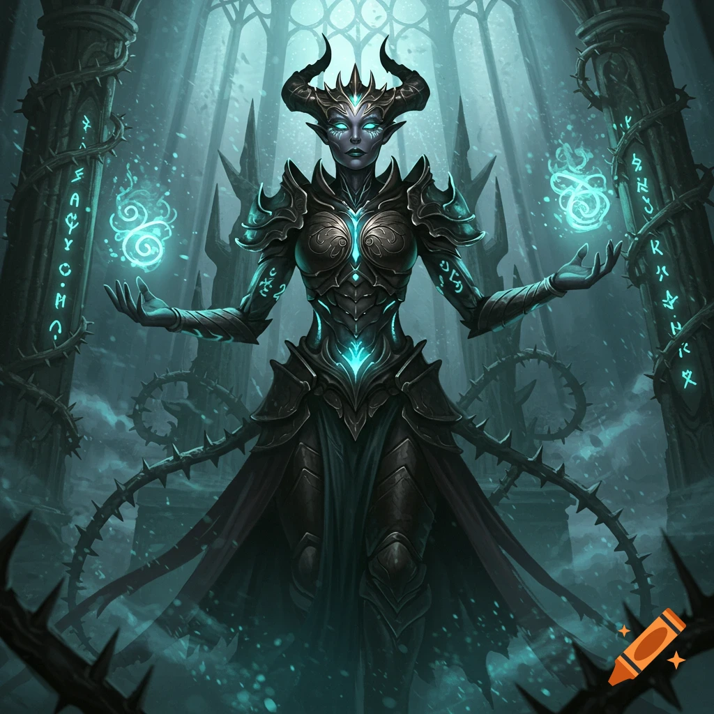 A horned, dark-skinned sorceress in black armor with glowing cyan ...
