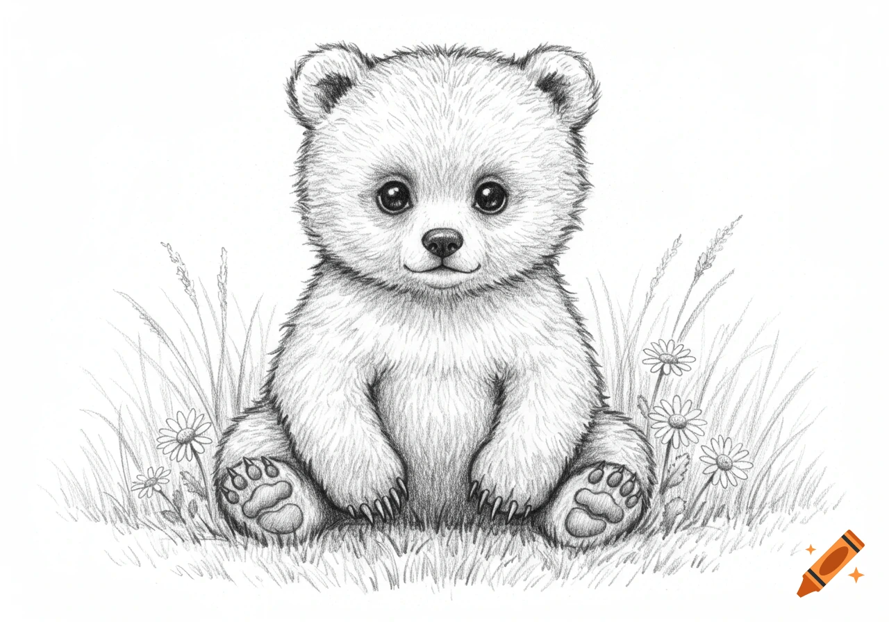 A charming pencil drawing of a fluffy baby bear cub sitting in grass ...