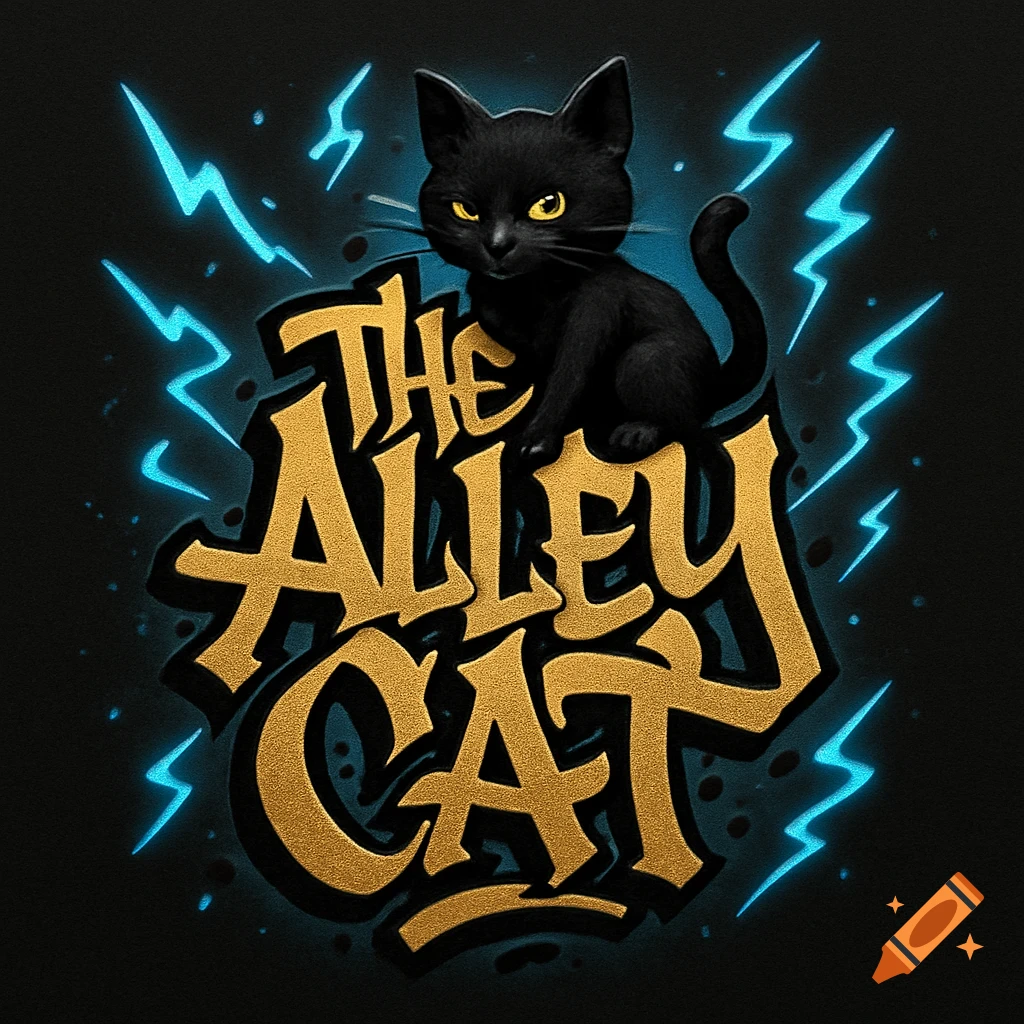 A black cat sits atop bold gold graffiti text reading 'THE ALLEY CAT ...