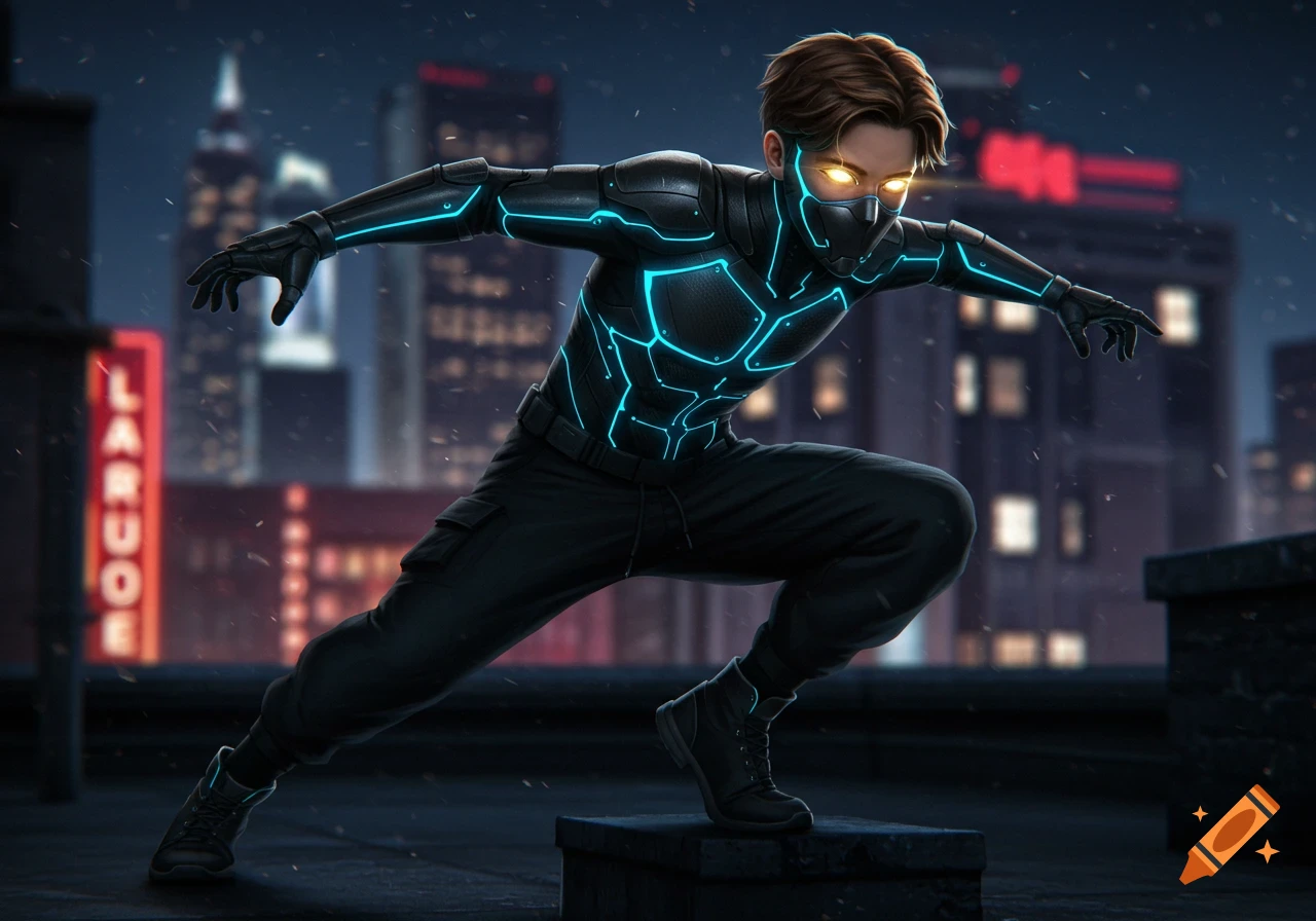 A young male superhero in a black high-tech suit with glowing blue ...