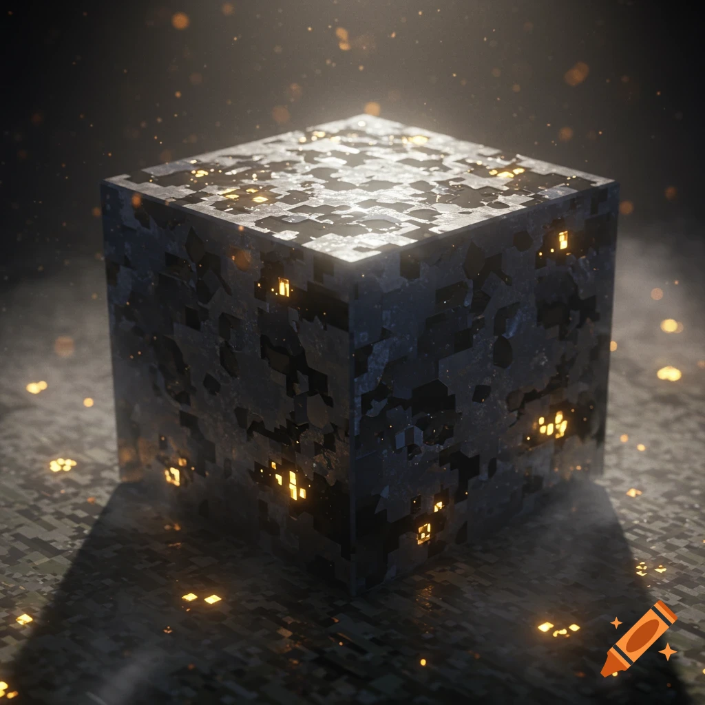A dark, rough-textured cube with glowing orange edges against a ...