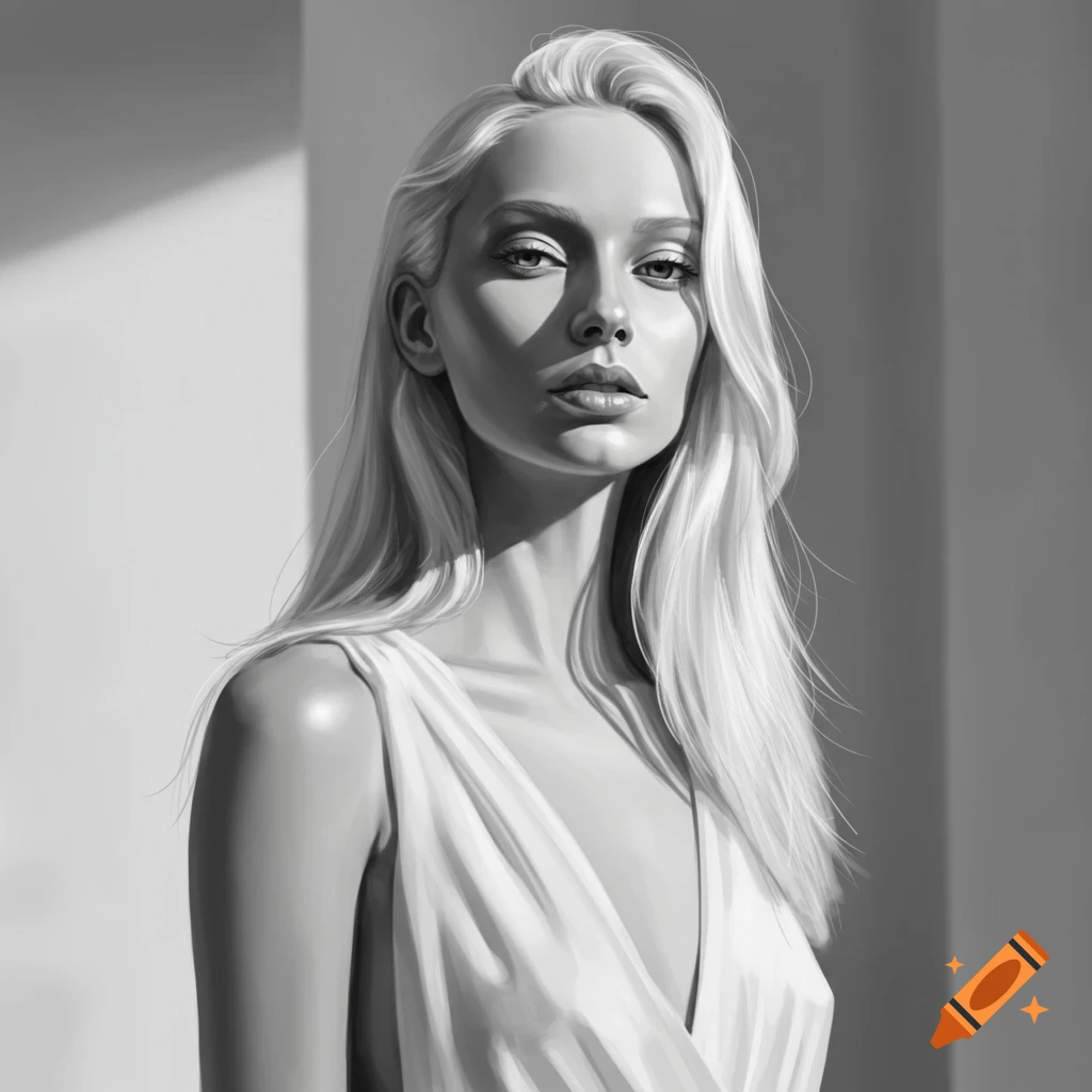 Monochrome portrait of a blonde woman in a white dress, looking at the viewer with dramatic ...