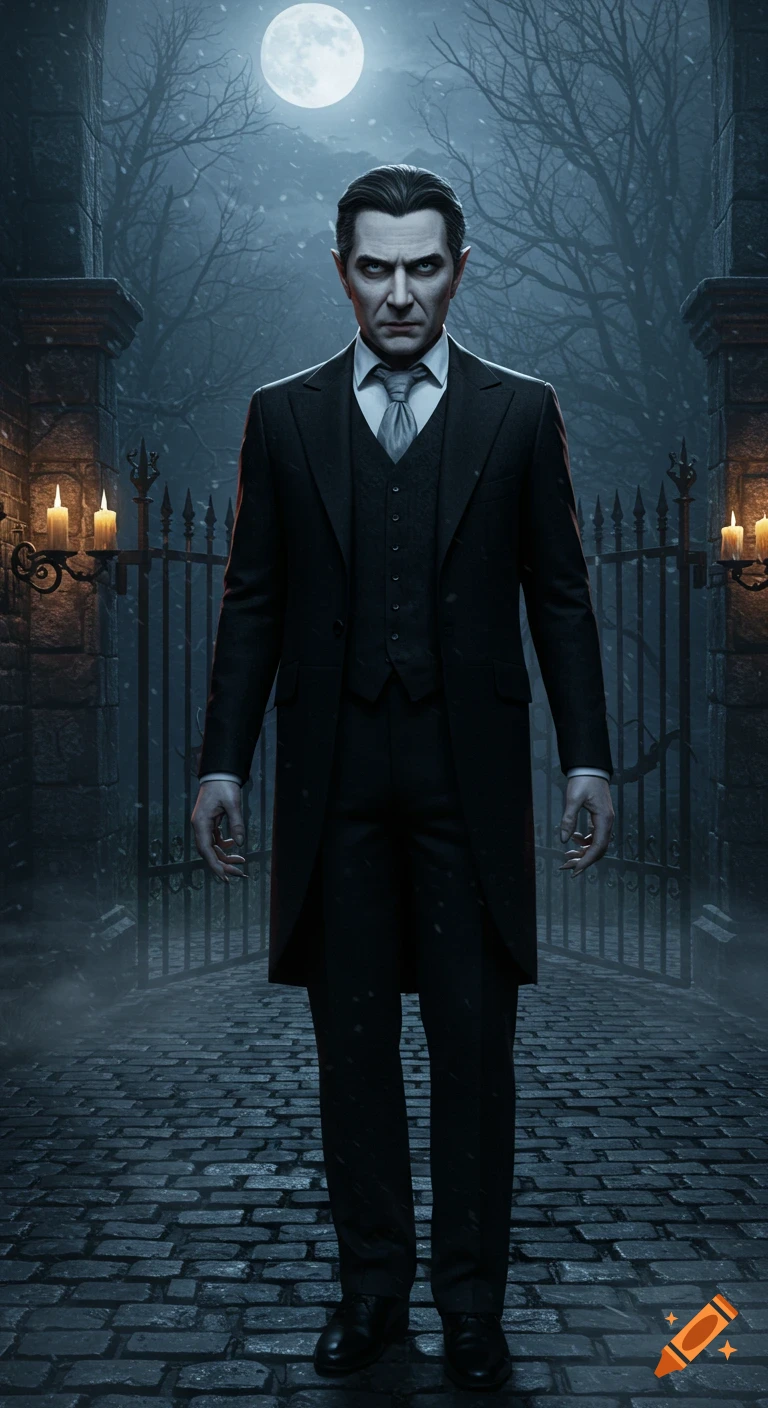 A photorealistic illustration of a pale man resembling Dracula in a ...