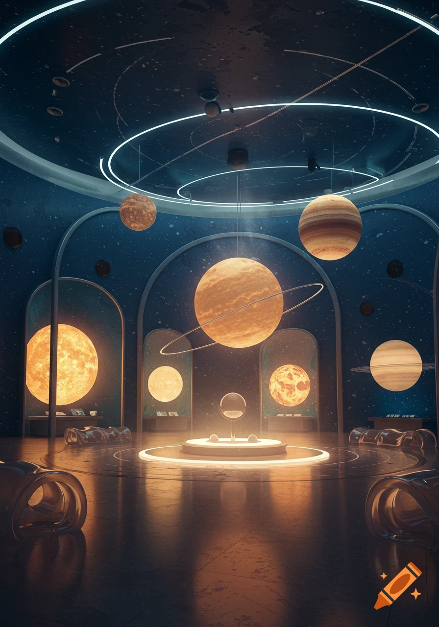 Futuristic gallery with suspended planet models and glowing celestial ...